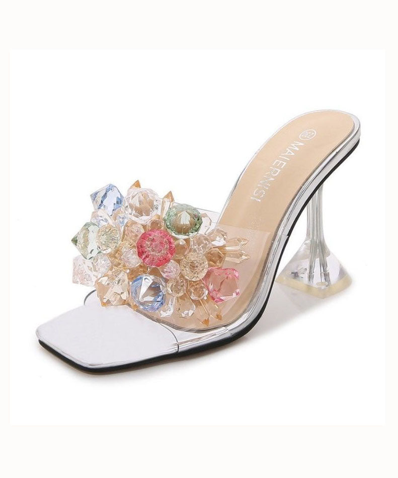 Silver Crystal Splicing Peep Toe Clear High Heel Slippers - Ladylim