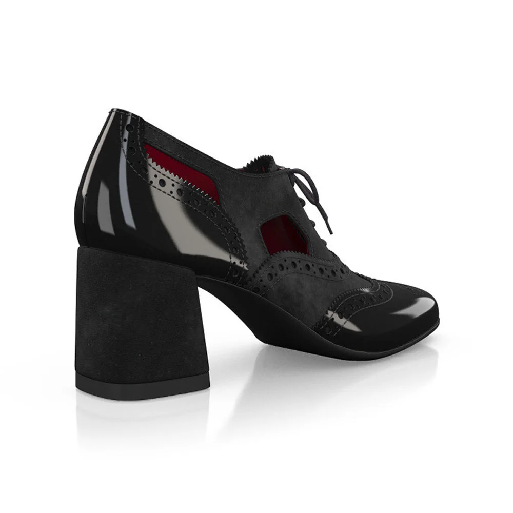 Black Patent Leather Patchwork Cut Out Brogues Inspired Oxford Heels