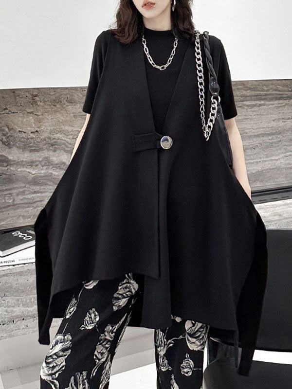 Street Loose Black V-Neck Buttoned High-Low Vest
