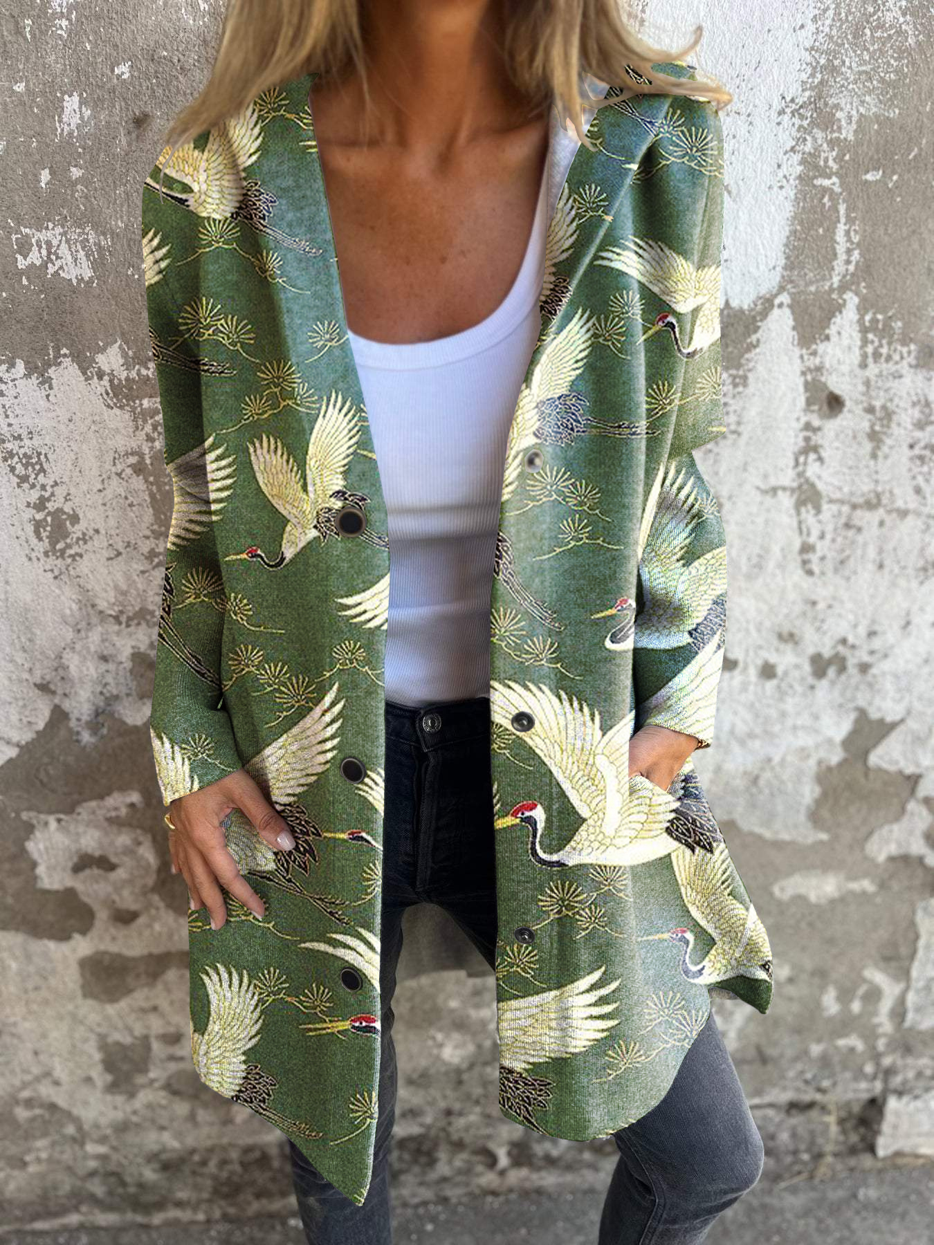 Crane Matsu Traditional Japanese Pattern Long Sleeve Button Hooded Jacket