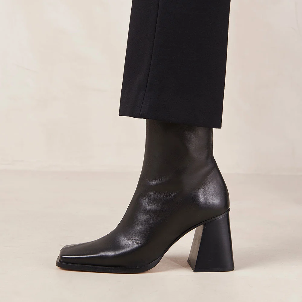 Black Square Toe 3'' Chunky Heel Side-Zip Office Ankle Boots