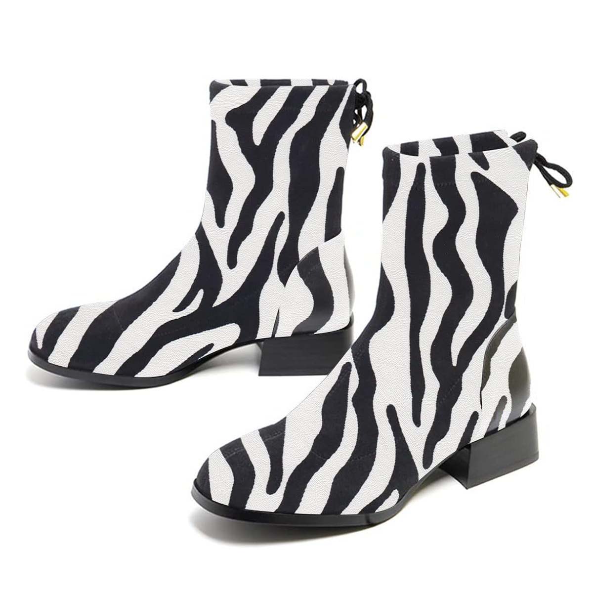 Black & White Zebra Printed Round Toe Lace-Up Ankle Booties