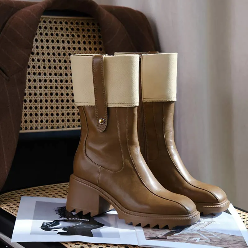 FineGina Pure Color Splice Slip-On Platform Boots