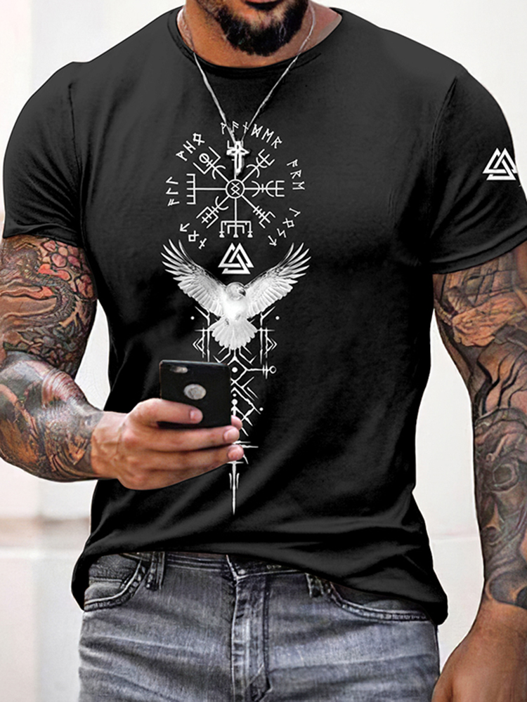 Men's Vintage Viking Raven Runes Birds Graphics T Shirt