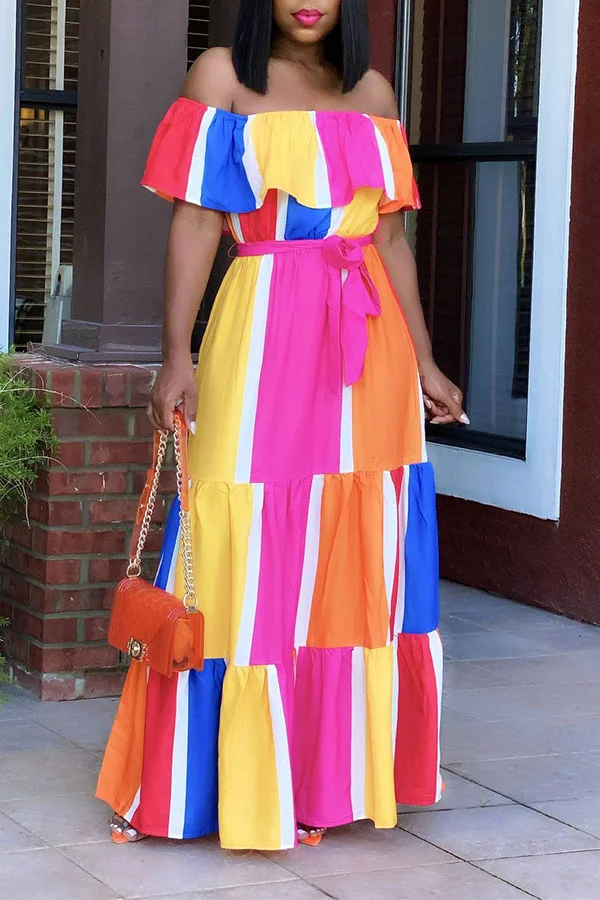 Rainbow Stunning Ruffle Off Shoulder Belted Midi Dress