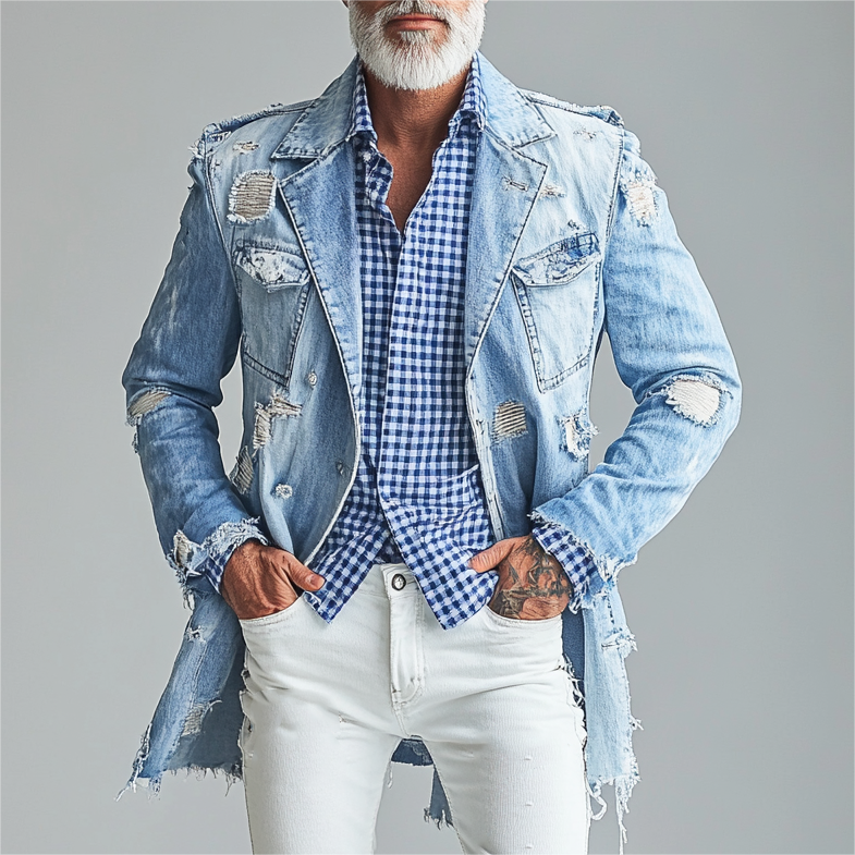 Men's Casual Notch Lapel Pocket Ripped Denim Irregular Jacket