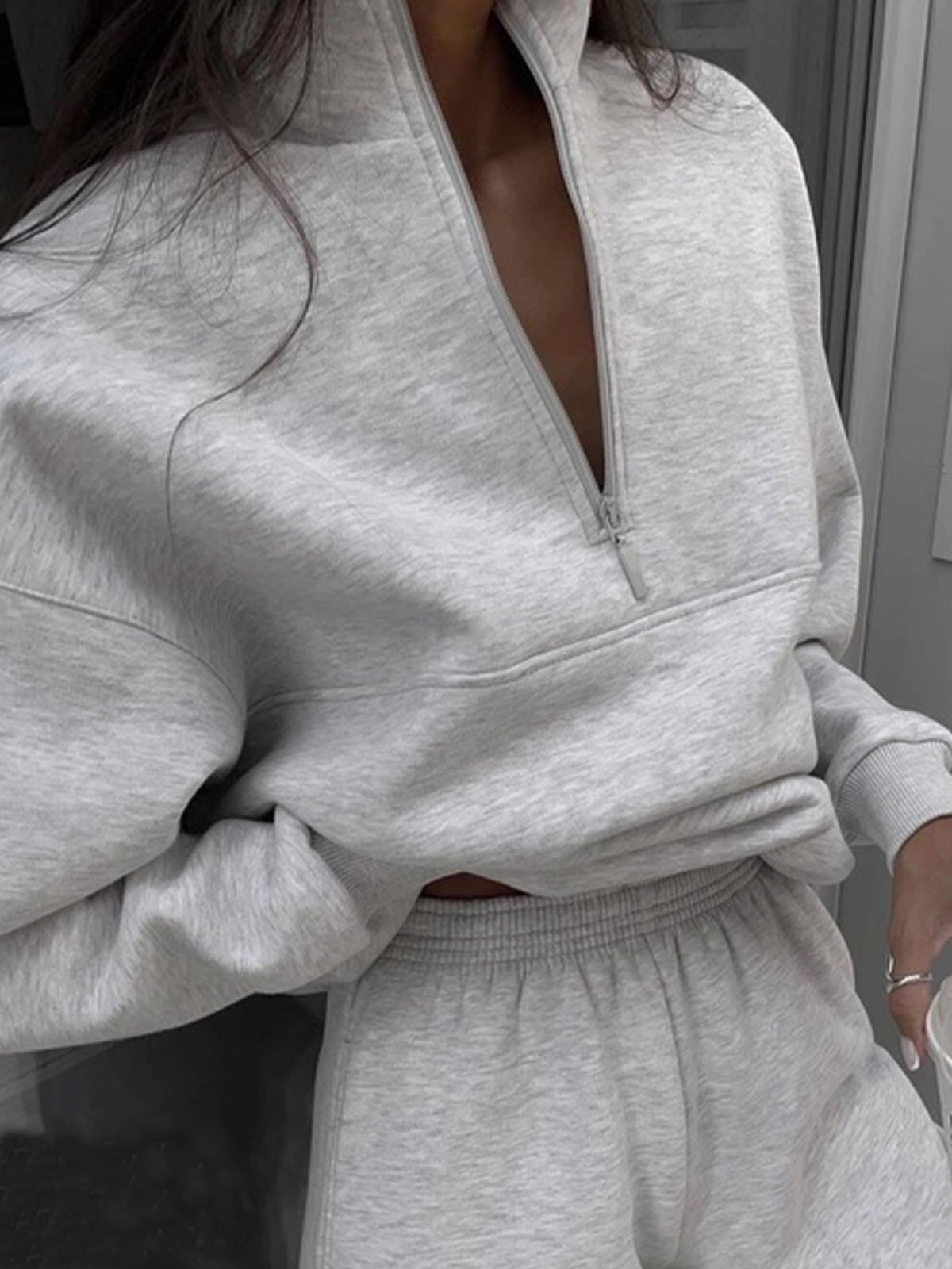 Plain Stand Collar Loose Casual Sweatshirt set