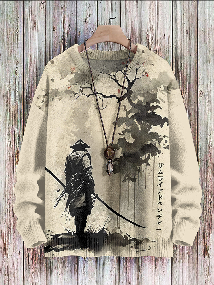 menweary Men's Retro Japanese Samurai Ink Painting Art Cozy Sweater 31.99