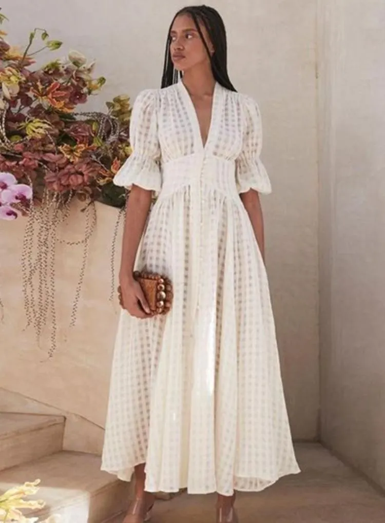 Spring White Deep V-neck Puff Half Sleeve Swing Long Dress