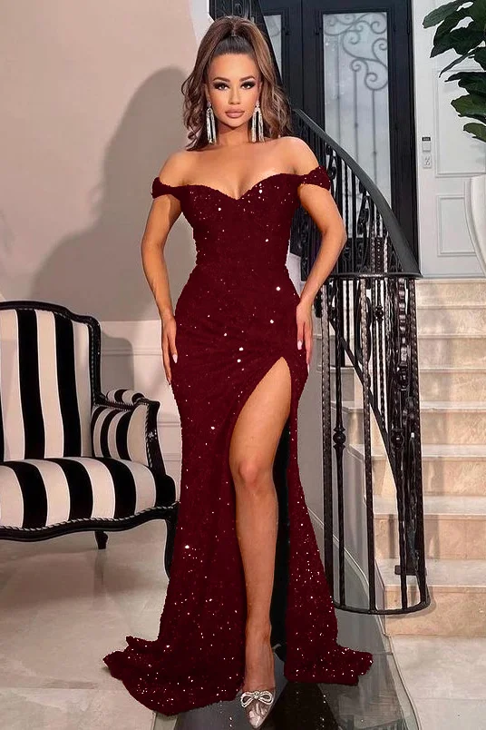 Miabel Red Sweetheart Off-The-Shoulder Sequins Mermaid Prom Dress With Split