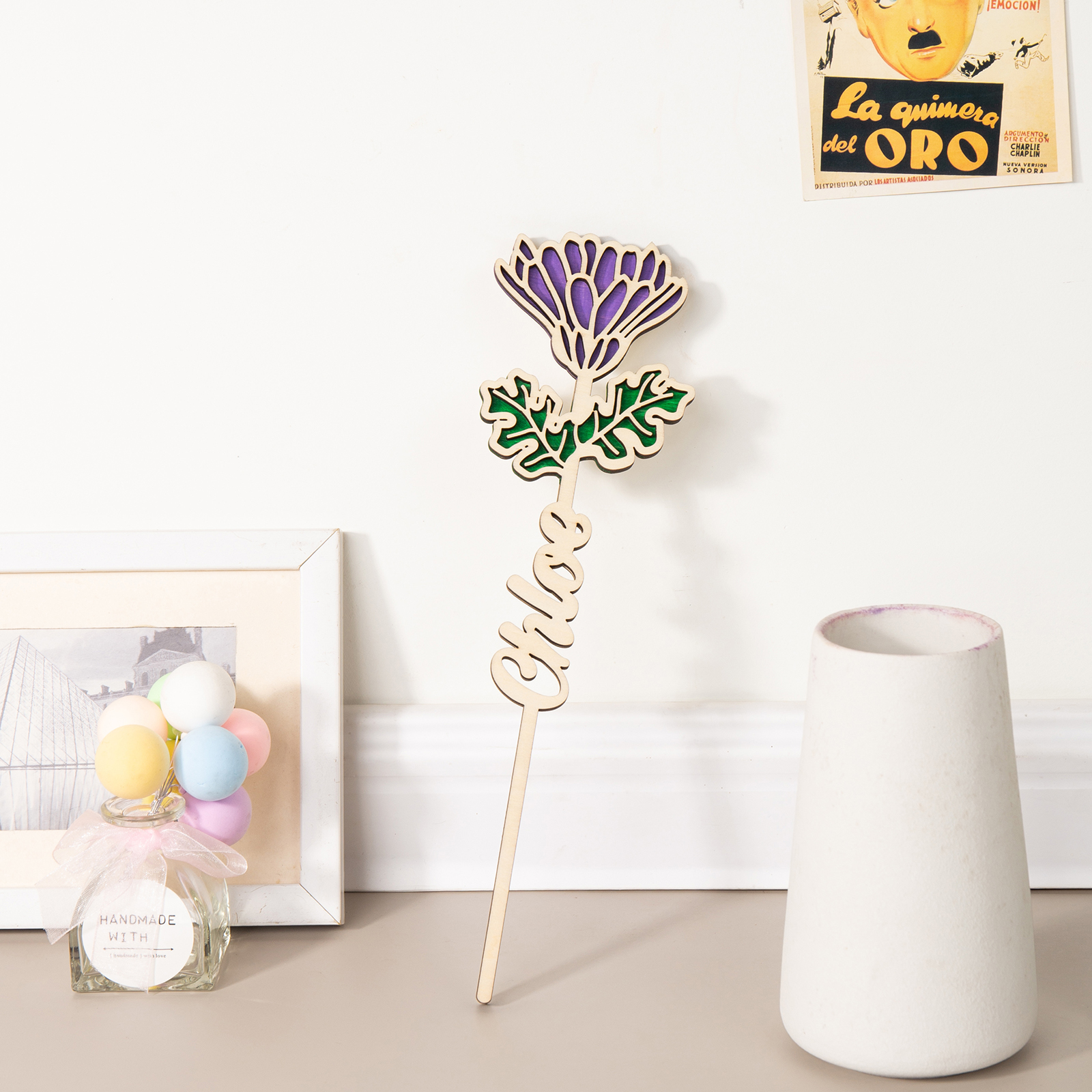 Personalisierte April Lila Gerbera Deko-Blume Holz