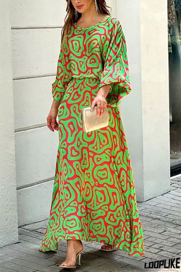 Print Bat Blouse Maxi Skirts Set - LoopLike
