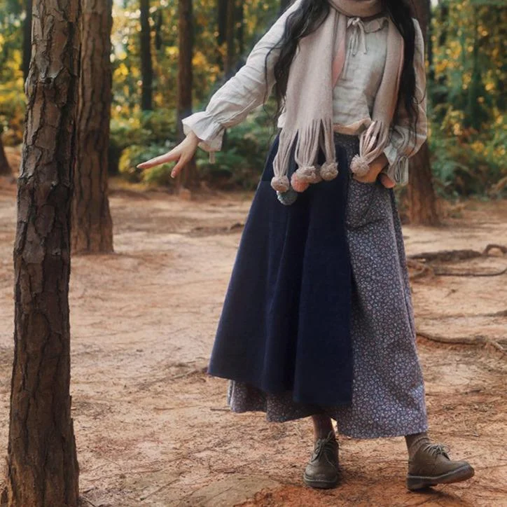 Farmcore Cotton Floral Corduroy Skirt