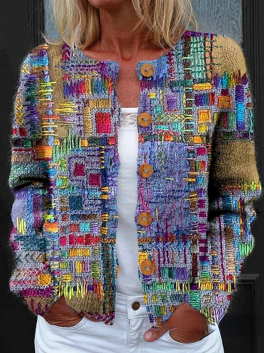 Women's Retro Ethnic Patchwork Print Buttoned Cardigan Sweater