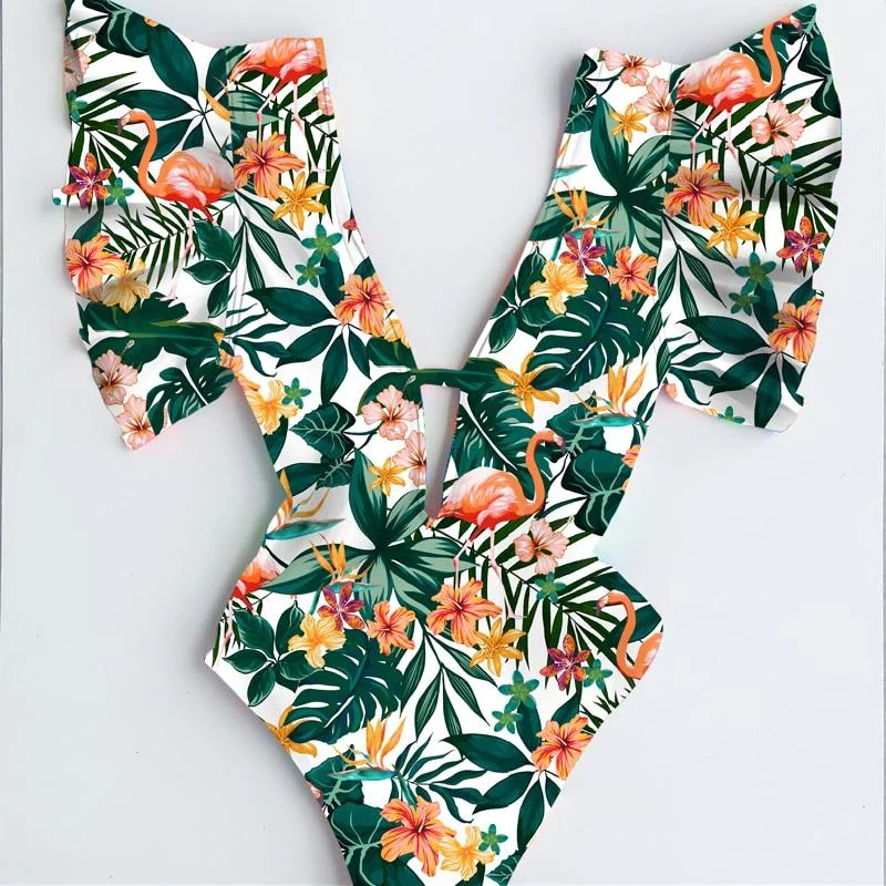 Sexy One Piece Swimwear Floral Deep-V Bathing Suit