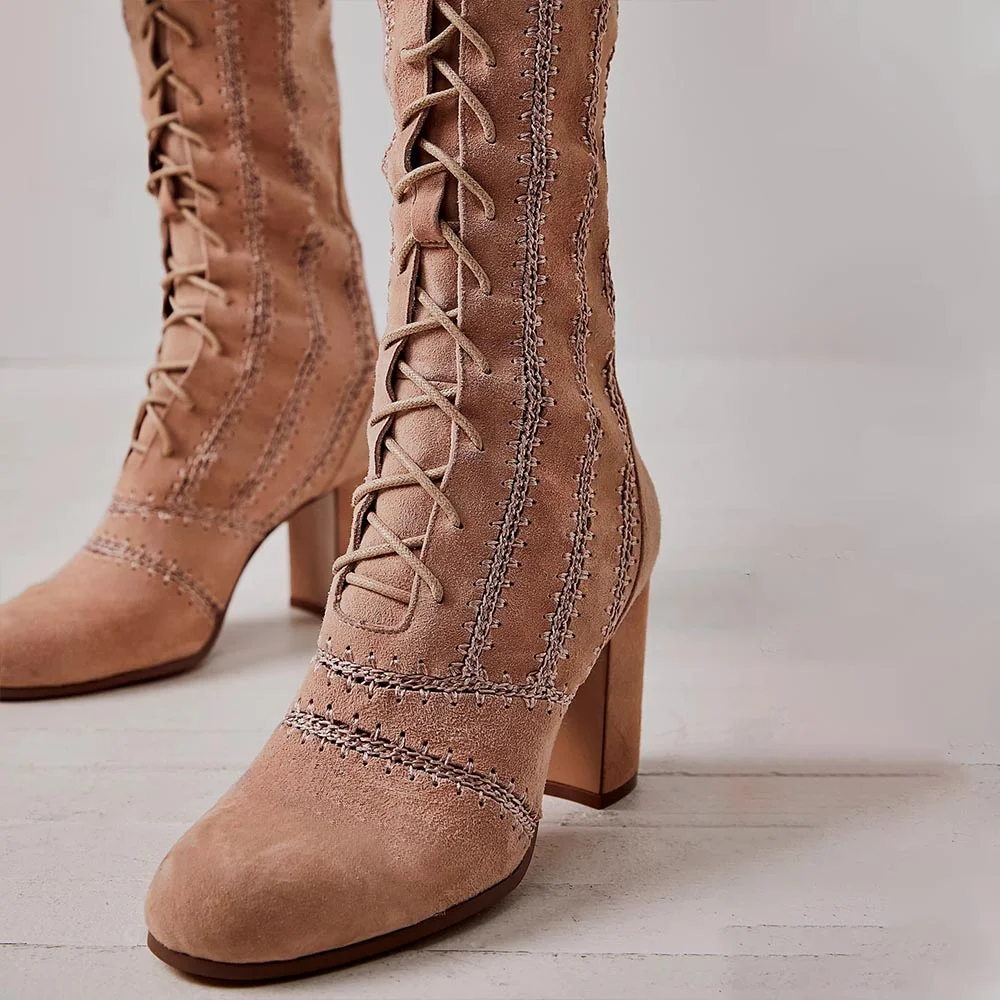 Light Brown Vegan Suede Lace Up Knee High Boots with Block Heels