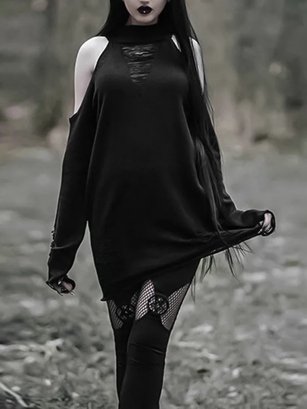 Punk Fashion Round Neck Destroyed Strapless Long Sleeve Pullover Sweater
