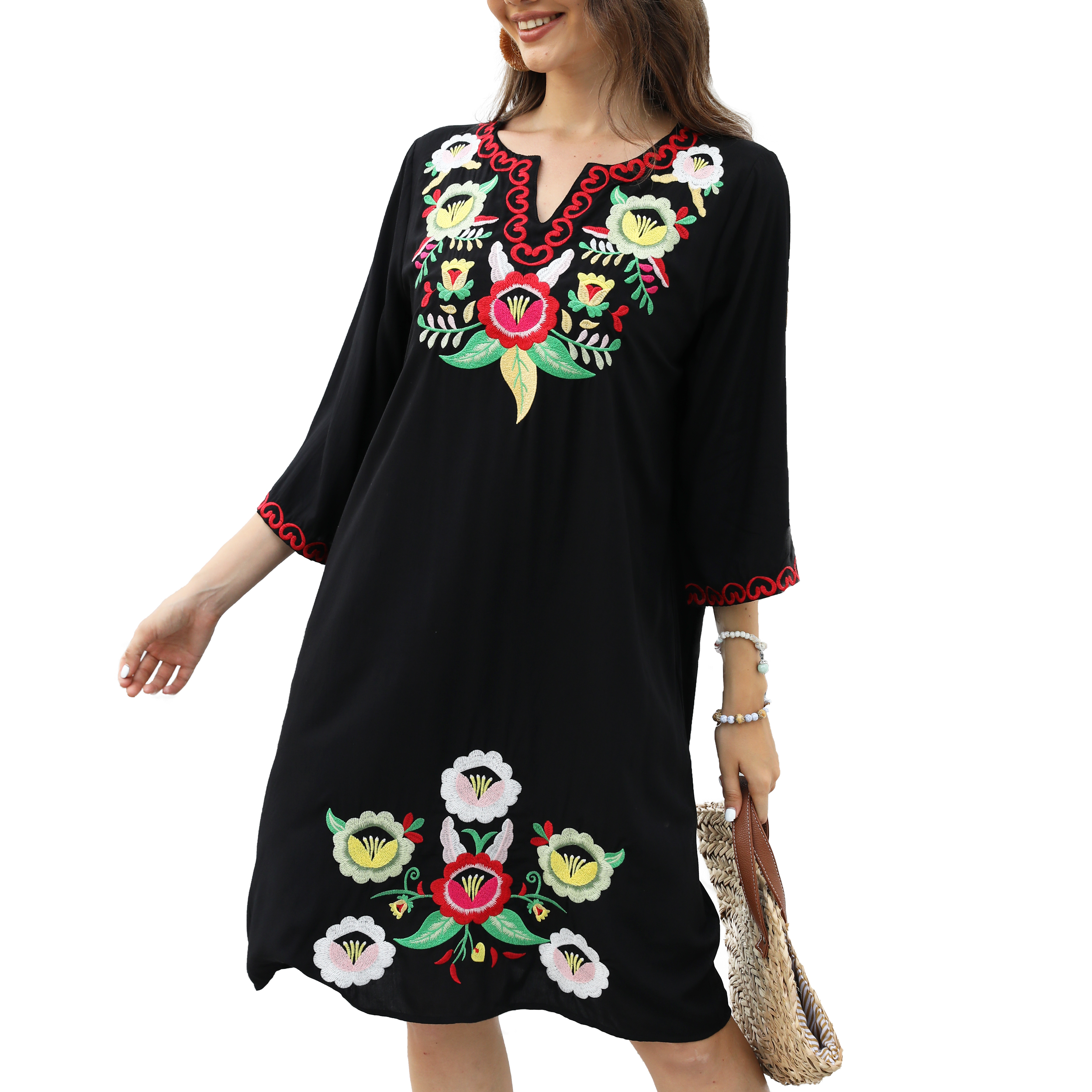 Bohemian Embroidered Less Sleeves Notched Neck Dress for Women's 036