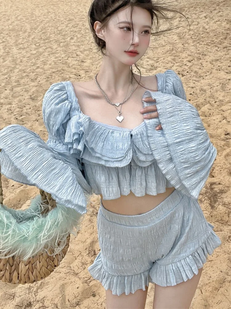 Brownm Sweet Two Piece Set Women Shirt Blouse Crop Top + Shorts Sets ...