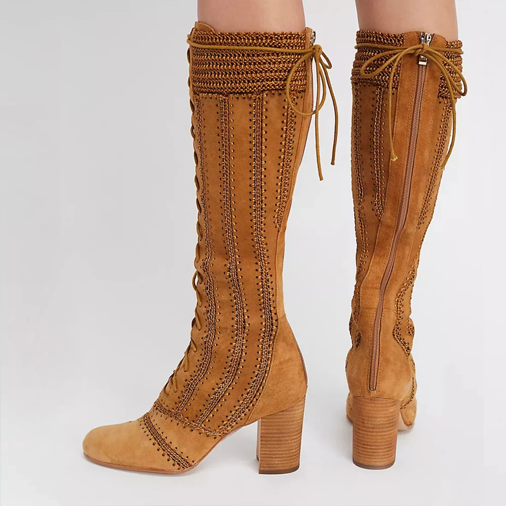 Brown Vegan Suede Stitch Detail Block Heel Knee Lace Up Boots