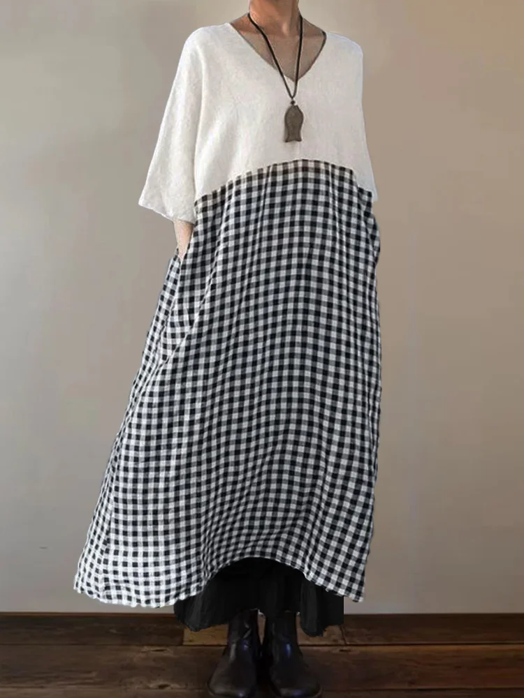 Vintage Check Patchwork Oversize Maxi Dress
