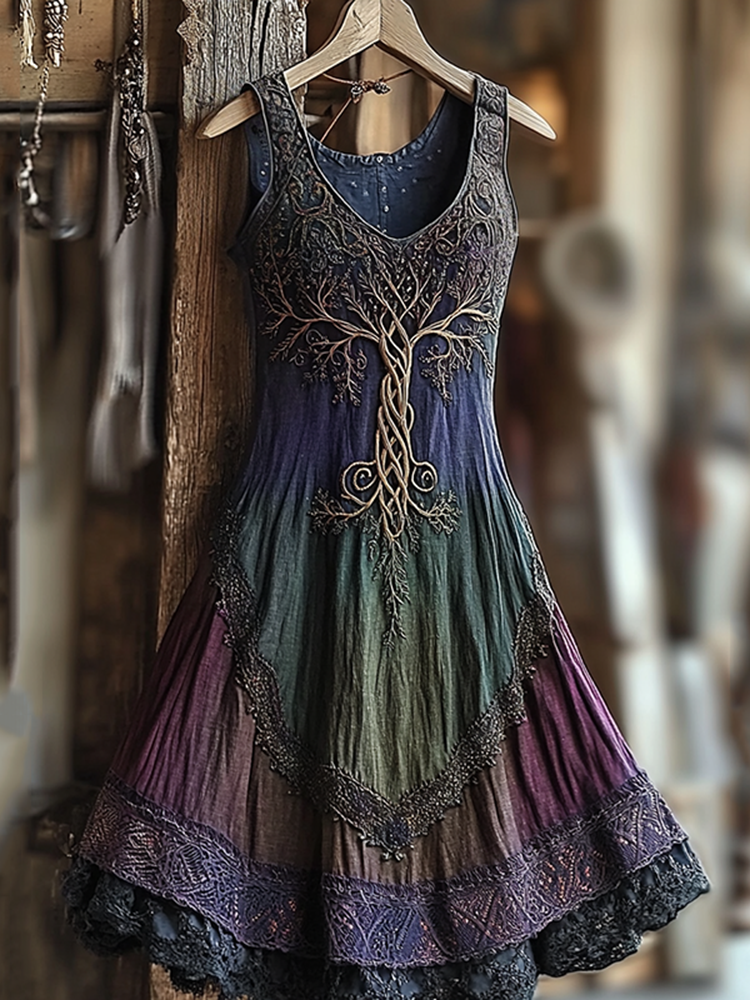 Women's Vintage Viking Tree Of Life Gradient Linen Dress 37.99