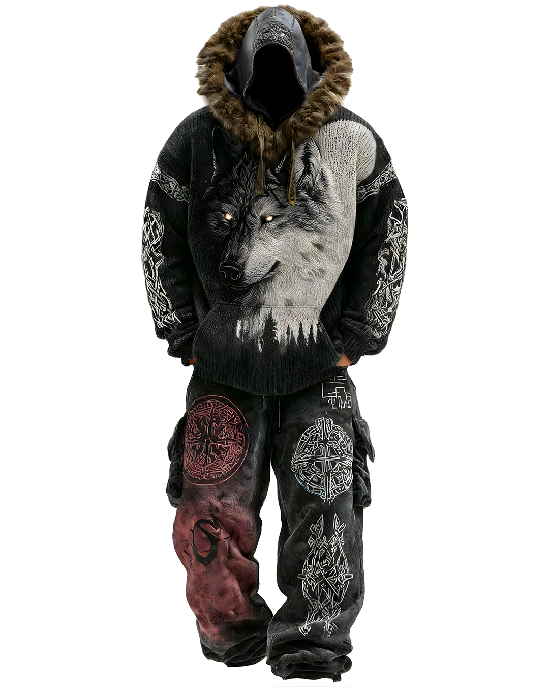 Men's Winter Warmth Gradient Faux Fur Hoodie and Pants Two-Piece Set6025
