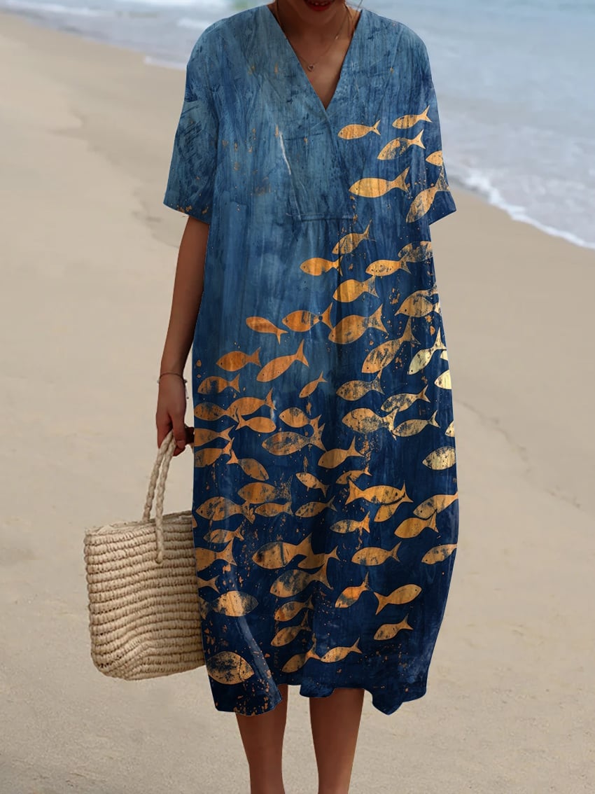 Women's Vintage Lovely Fish Art Print Flowy Dress