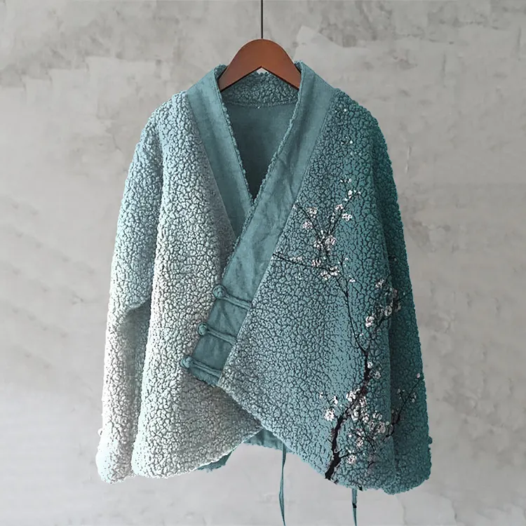 Vintage Cherry Blossom Gradient Japanese Art Cozy Fleece Kimono Cardigan
