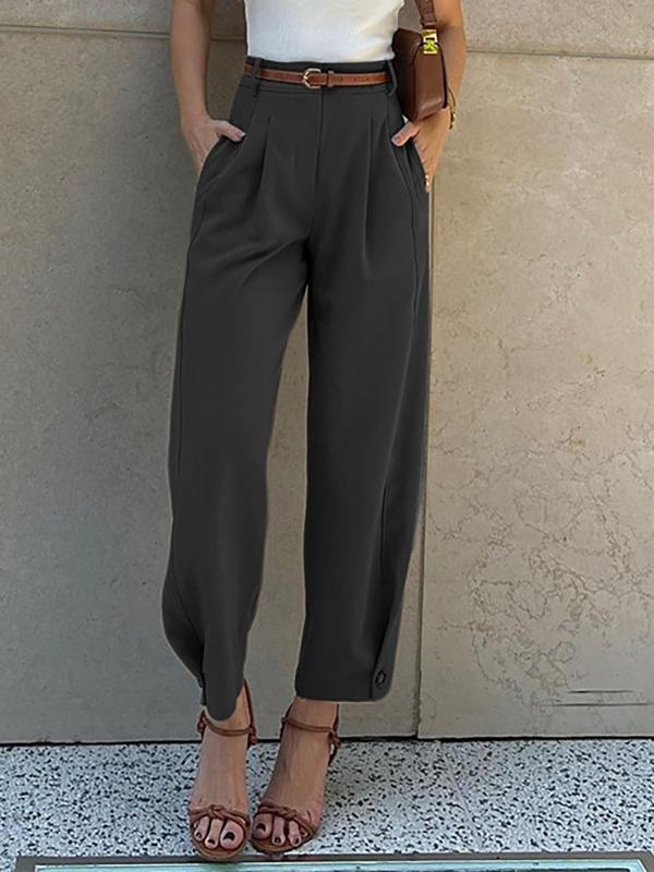 High-Waisted Loose Pleated Pants with Buttoned Detail and Pockets
