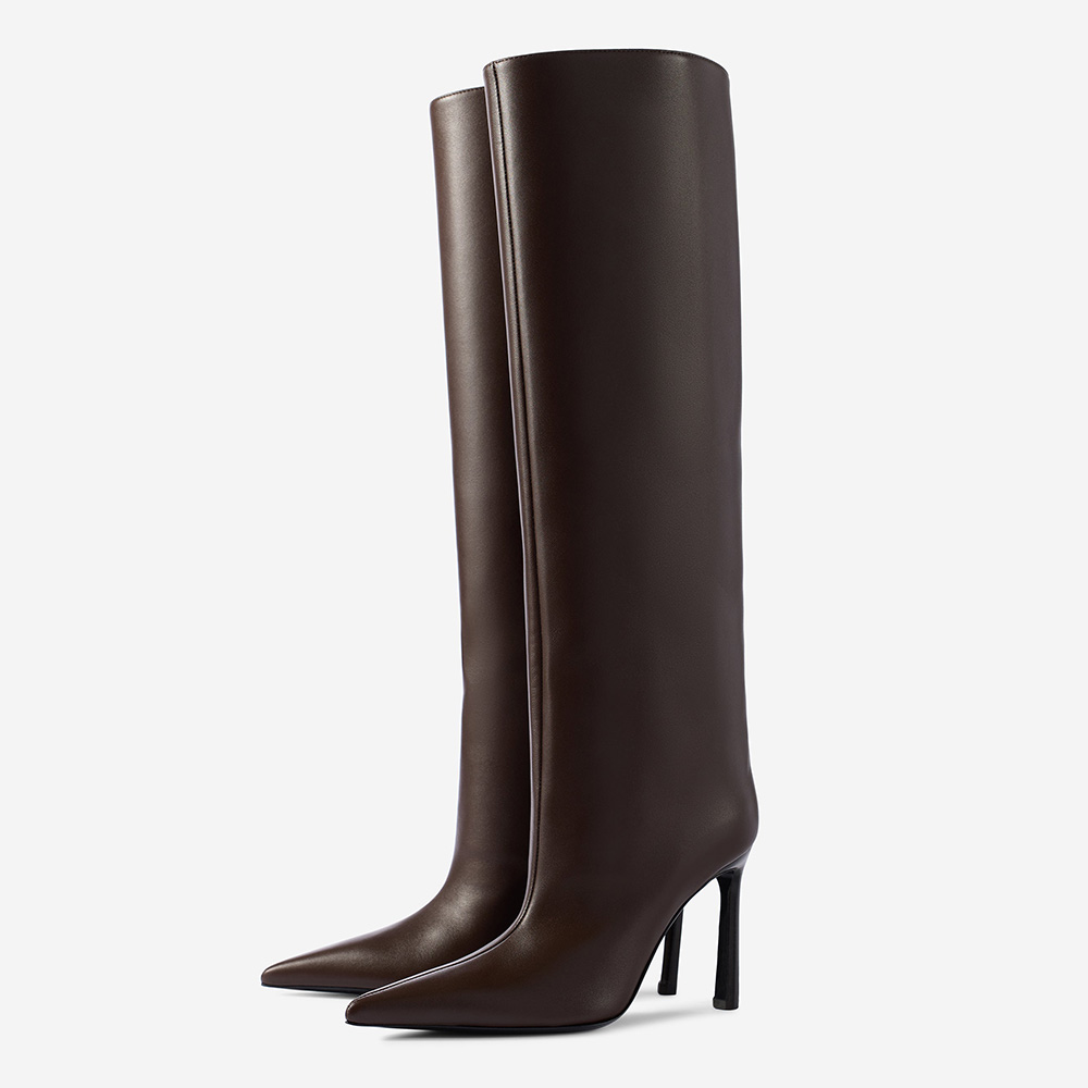 Women's Long Moka Brown Stiletto High Heel Slip On Pointed Toe Boots