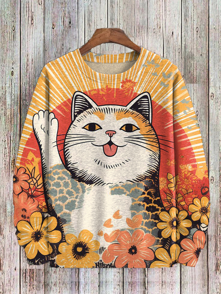 Men's Cute Cat Sunrise Floral Print Casual Sweatshirt