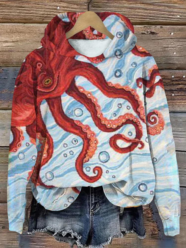 Japanese Red Octopus Print Long Sleeve Hoodie