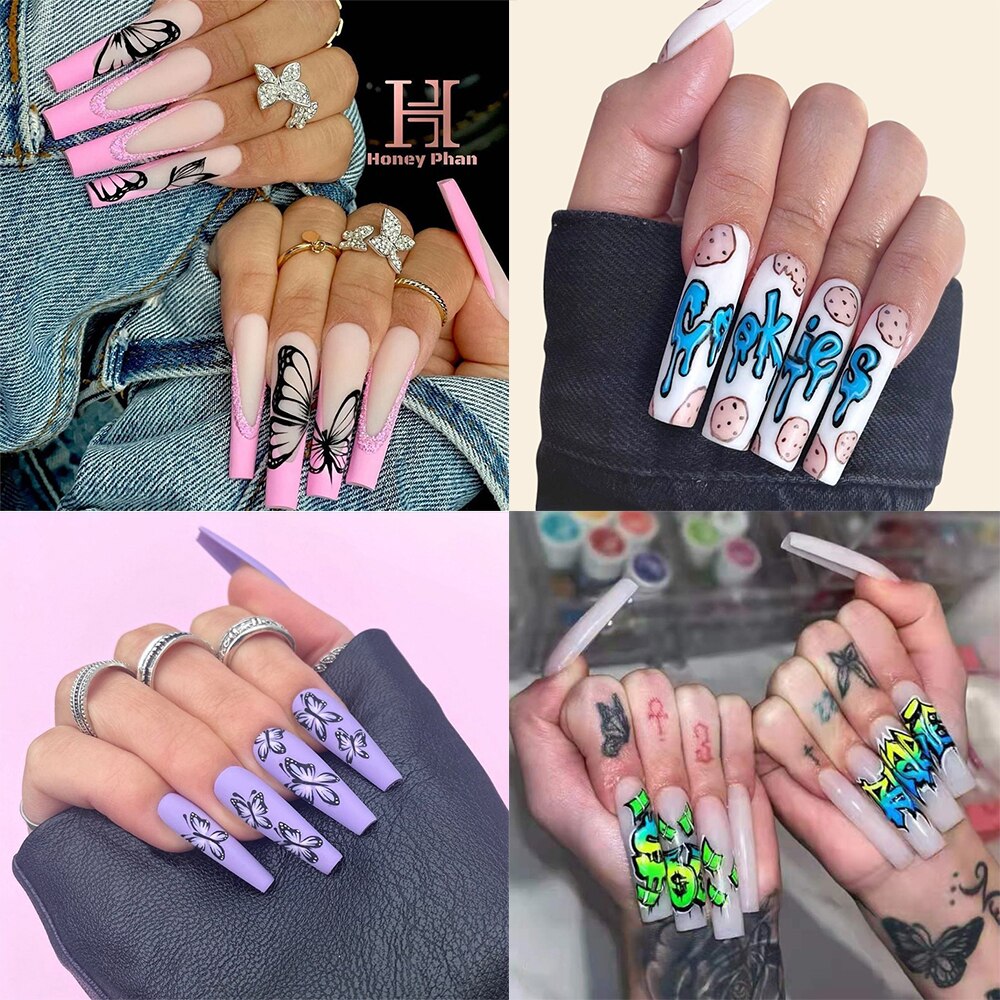 Churchf Square Long Coffin Wearable Nail Tip Butterfly,Graffiti,French ...