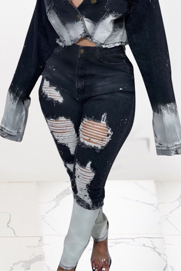 Trendy High Waist Slim Gradient Ripped Jeans