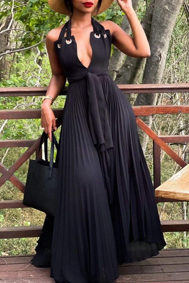 Sexy Solid Split Joint Fold Halter A Line Dresses