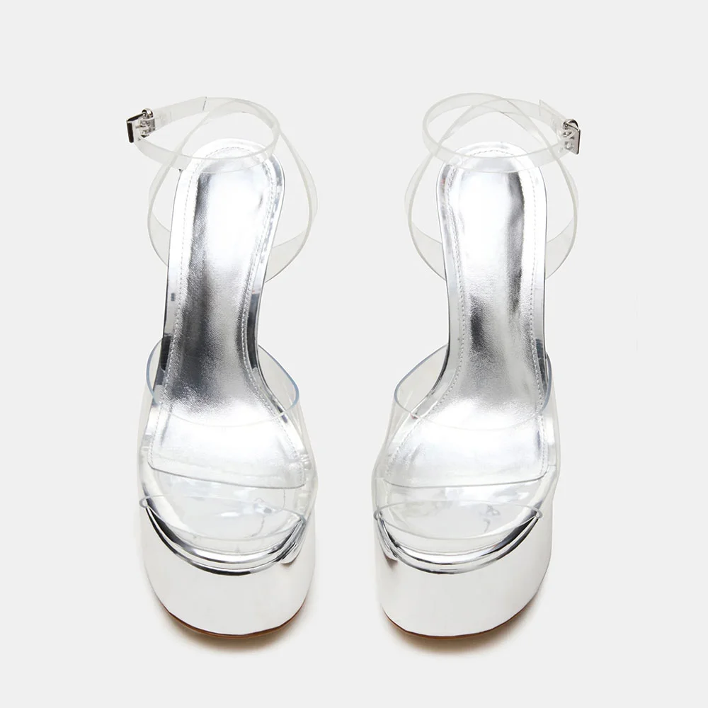 Round Toe Wide Strap Platform Heel Buckled Silver Sandals for Women