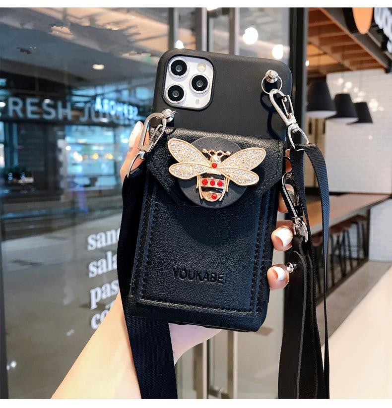 Diamond Bee Wallet Phone Case with Crossbody Chain