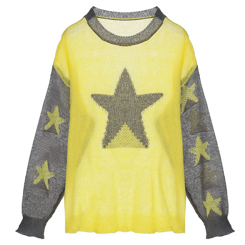 CONTRAST STAR PATTERN HOLLOW OUT THIN KNIT TOP