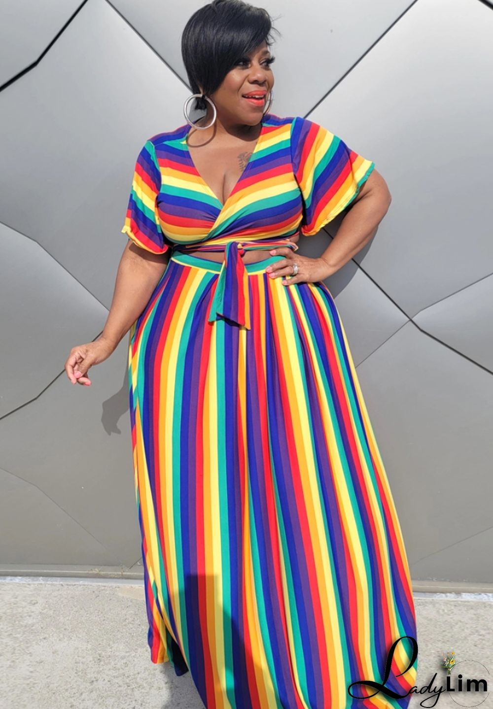 Wholesale Summer Plus Size Rainbow Crop Top and Long Skirt Set Online