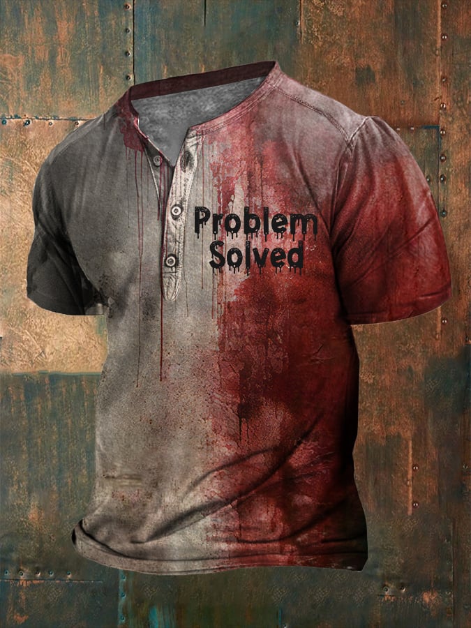 Men's Bloody Problem Solved Halloween Print Henley T-Shirt