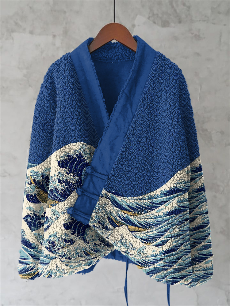 Japanese Sea Wave Lino Art Cozy Fleece Kimono Cardigan