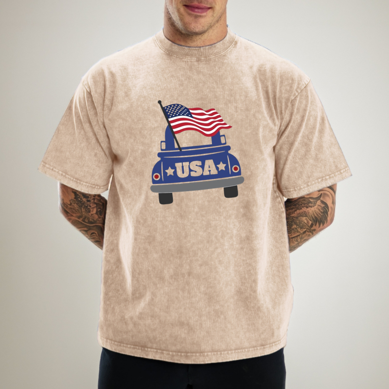 USA American Flag Men's Acid Wash Loose T-Shirt