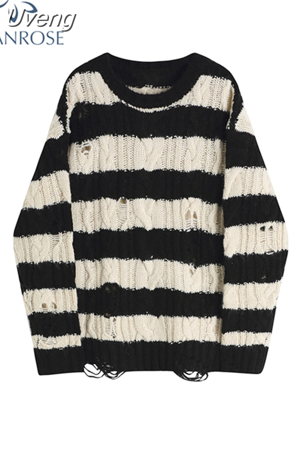 Uveng And White Striped Gothic Sweaters Women Ripped Holes Loose ...