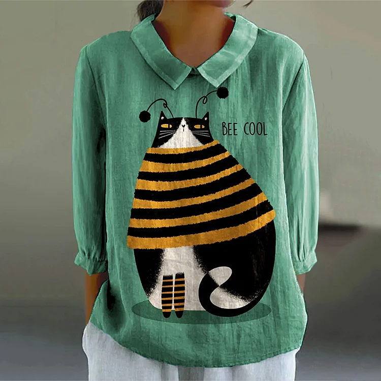 Women's Cute Cat Art Casual Linen Shirt
