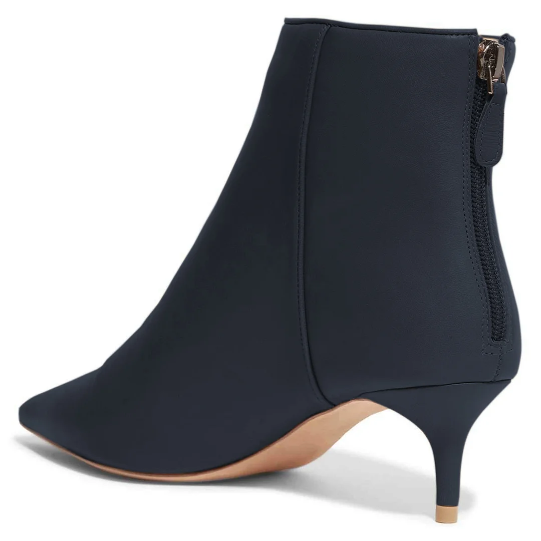Dark Blue Vegan Leather Pointed Kitten Heel Classy Ankle Boots