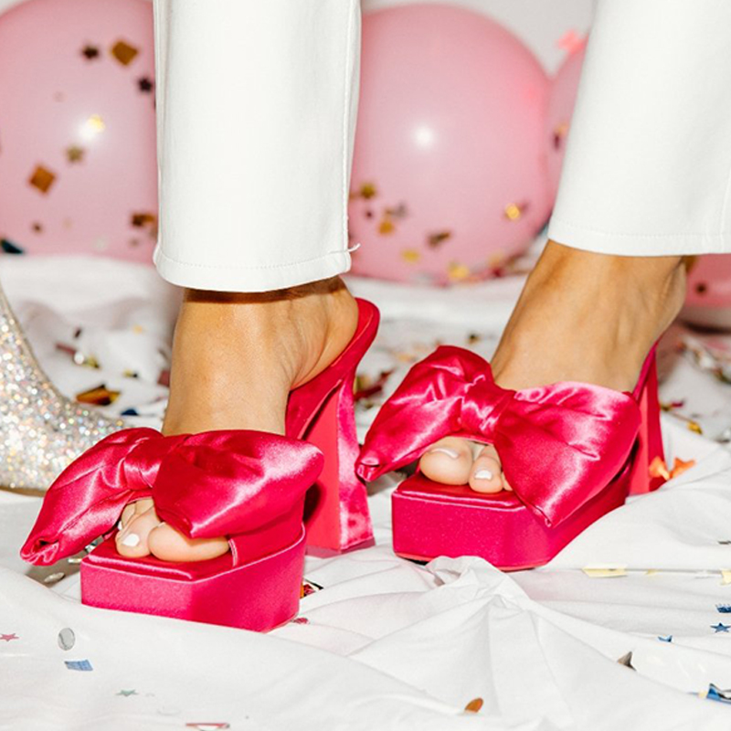 Hot Pink Satin Platform Mules with Oversized Bow Vdcoo