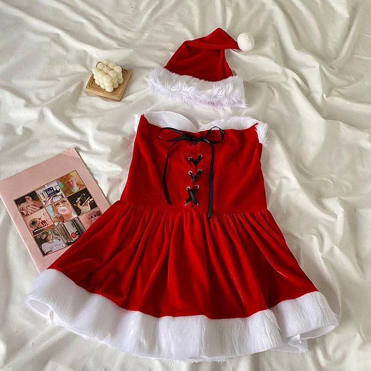 Off The Shoulder Lace Up Plush Christmas Dress With Cloak