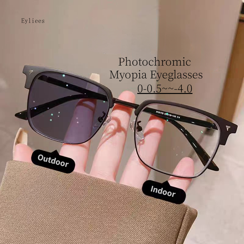 New Business Half Frame Photochromic Myopia Eyeglasses Outdoor Color ...