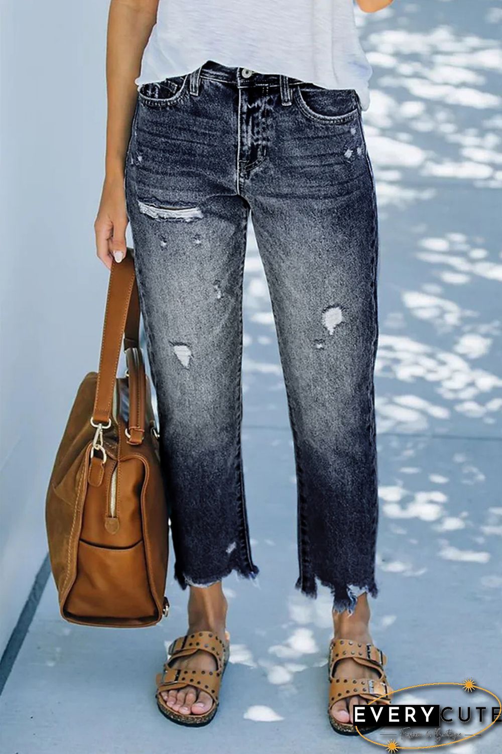 Ripped Raw Hem Zip Fly Mid Rise Straight Leg Jeans